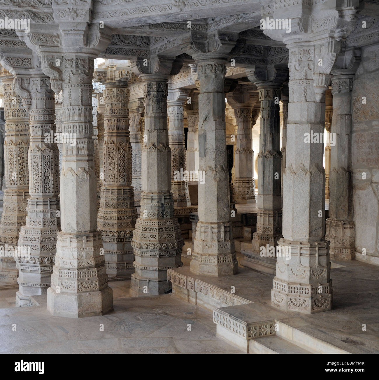 Intricately carved marble stonework and columns at Chaumukha Temple the ...