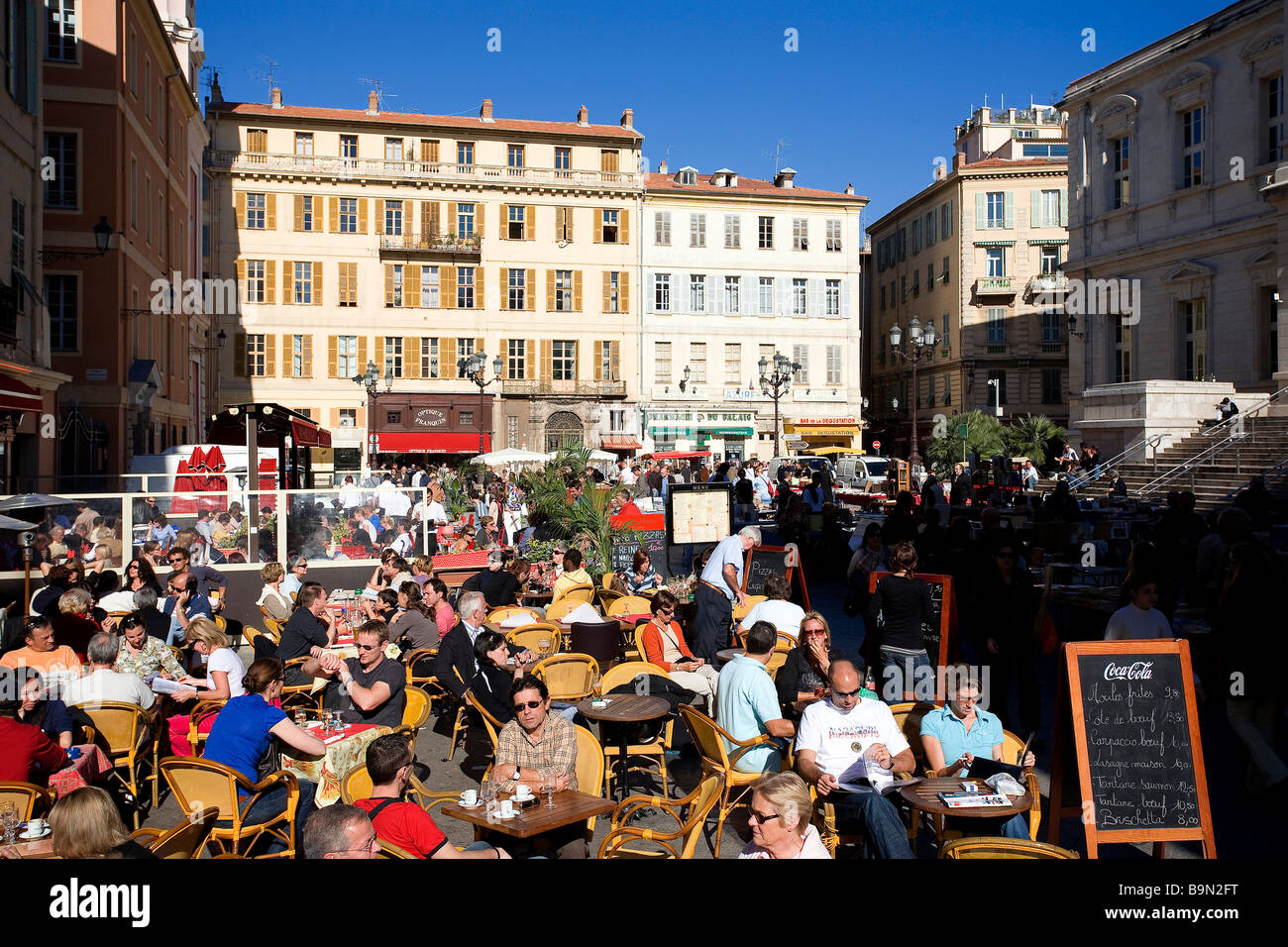France, Alpes Maritimes, Nice, Place du Palais, cafe terraces Stock ...