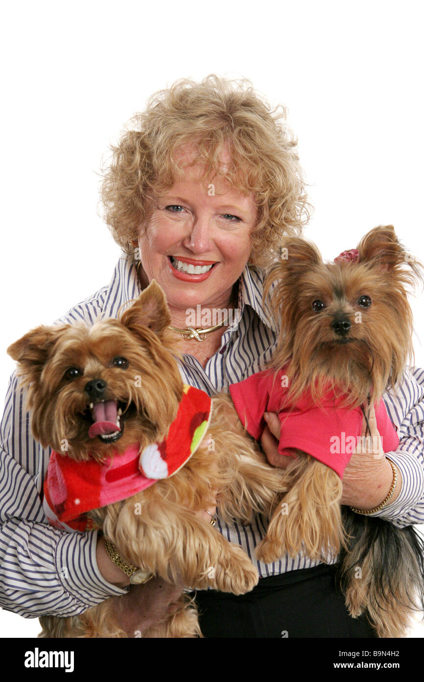 A happy pet owner holding her two adorable yorkie dogs Stock Photo - Alamy