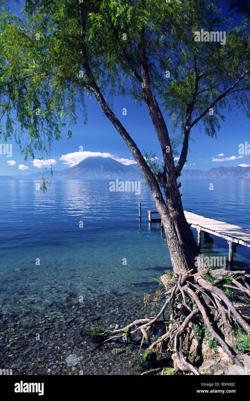 Lake Atitlan with Toliman volcano in the distance in Guatemala Stock ...