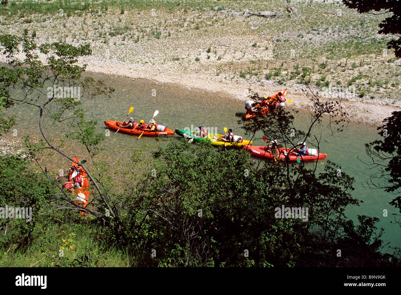 France, Drome, Drome Provencale, canoe in Drome River near Saillans ...