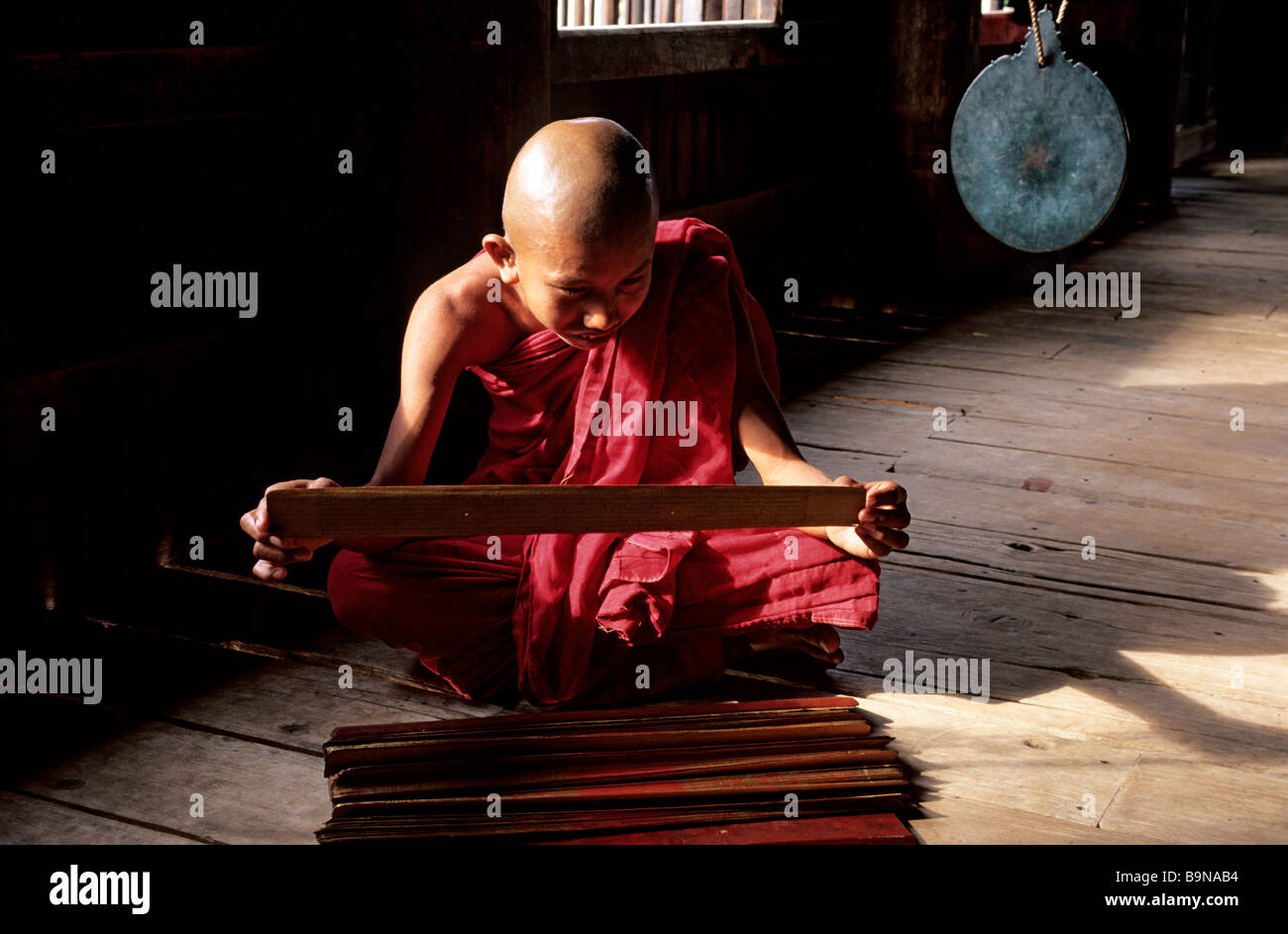Myanmar (Burma), young monk studying Buddha's teaching, texts are ...
