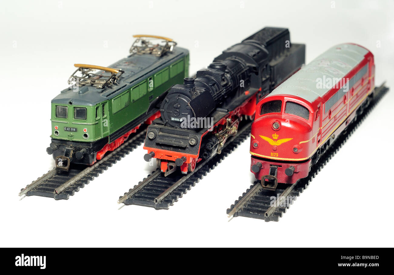 Steam, electric and diesel locomotives engine and tracks model railway ...