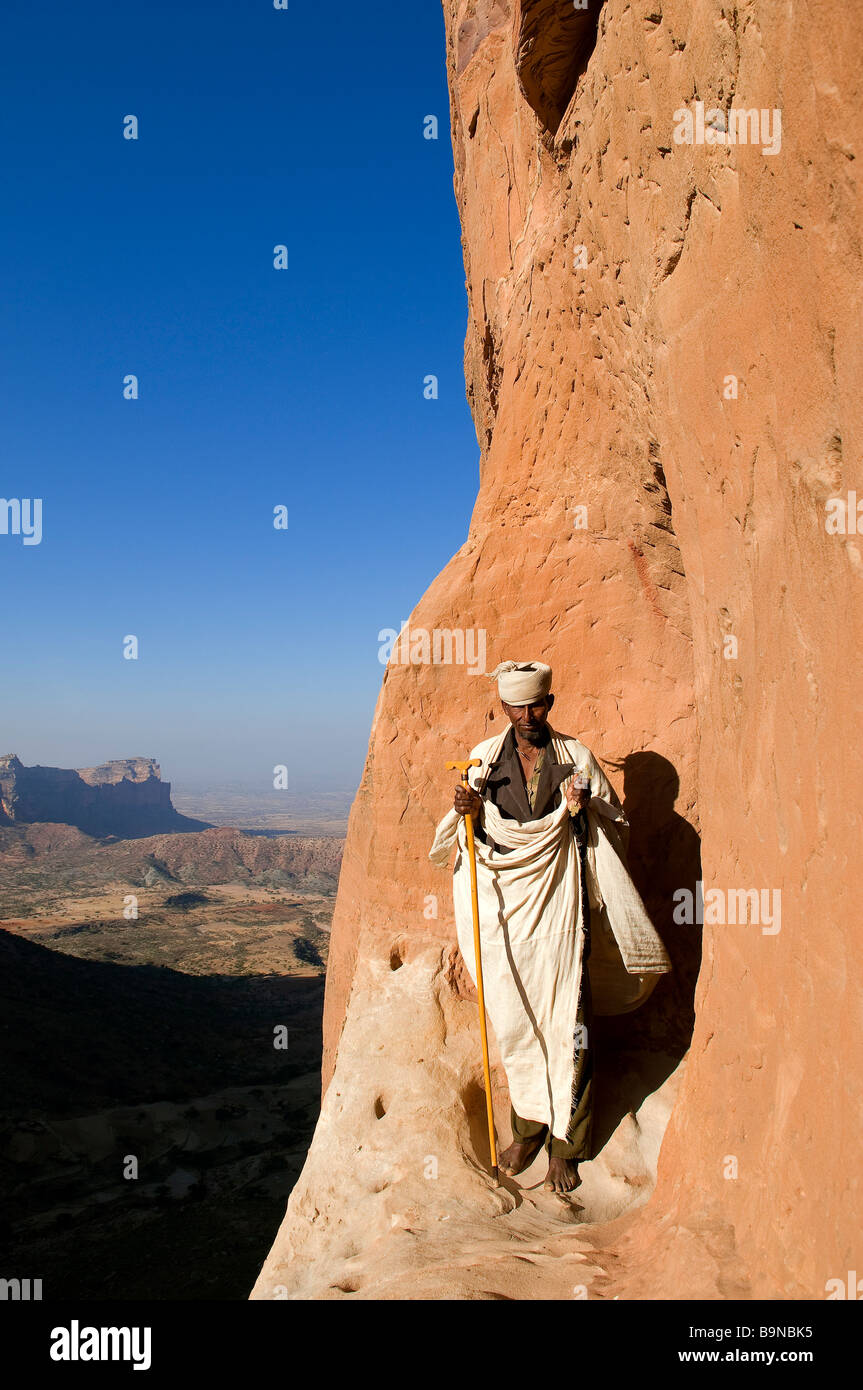 Ethiopia, Tigray area, churches Gheralta group, the priest of the church perched of Abuna Yemata ...
