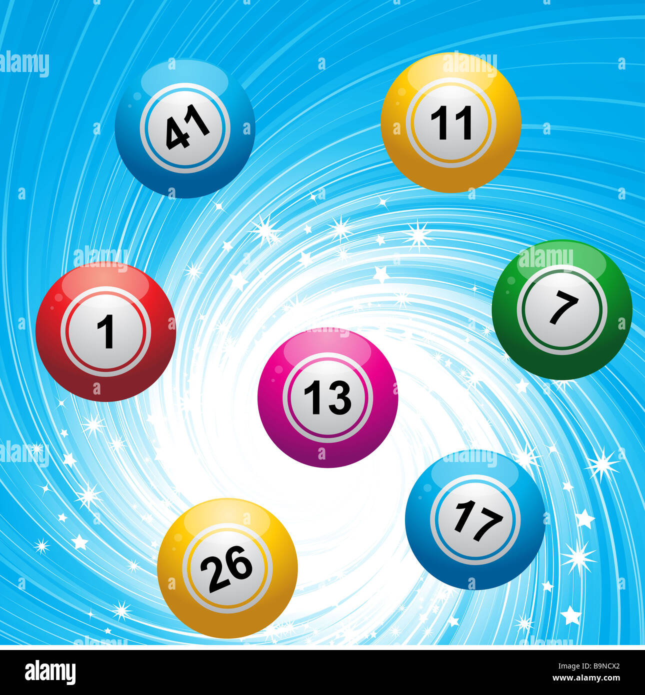 lottery balls on a blue swirl background with stars Stock Photo - Alamy