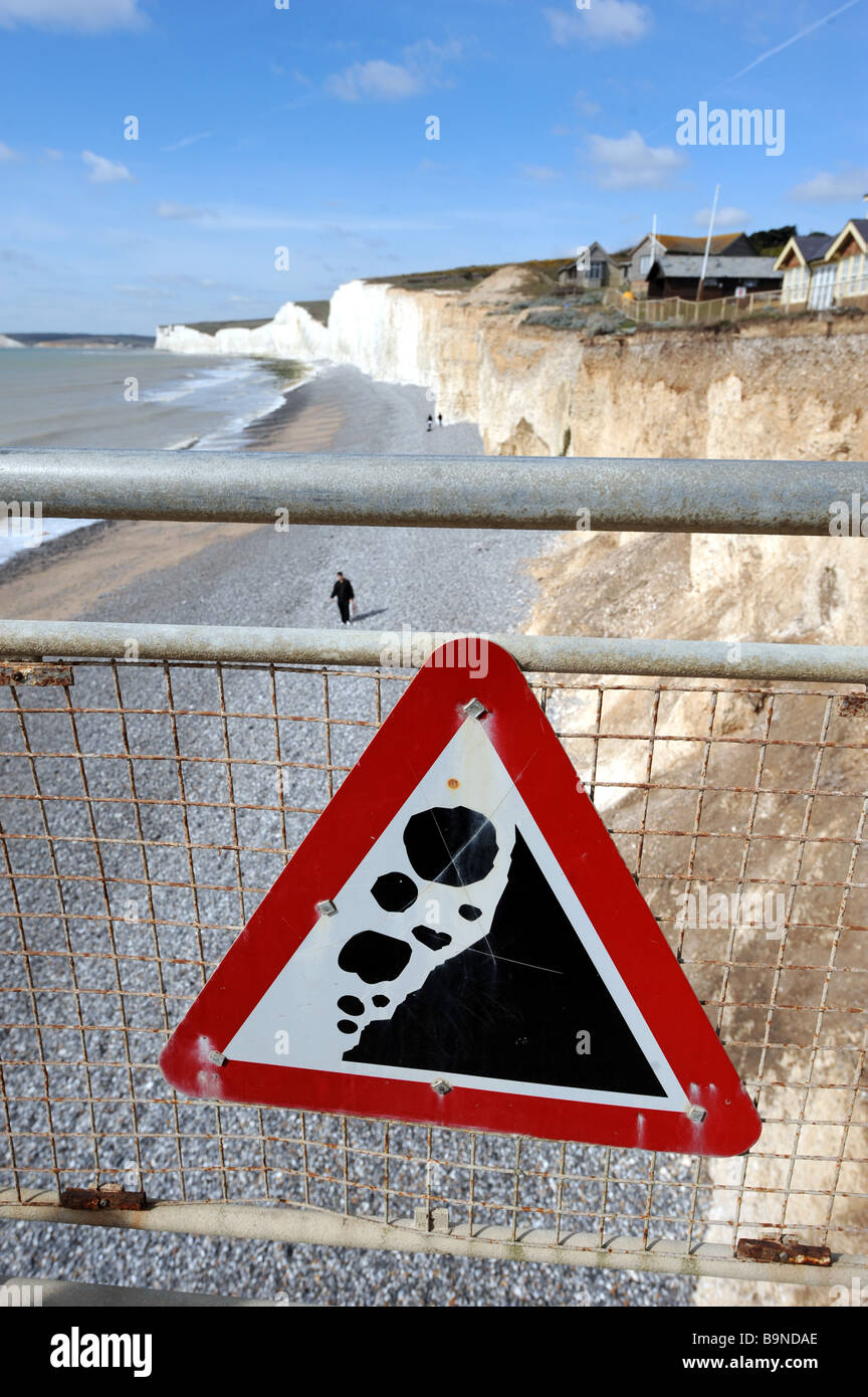 Cliff rock fall warning sign at Birling Gap March 2009 Stock Photo - Alamy