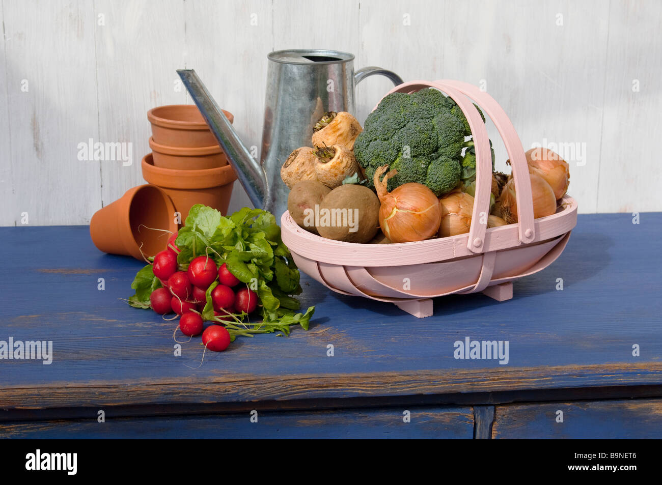 Still life of organic seasonal British vegetables in trug Stock Photo ...