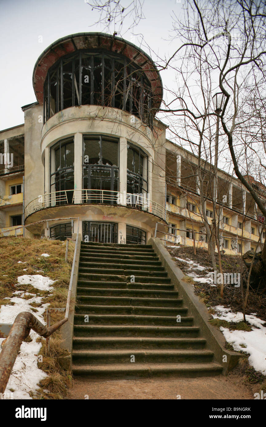 Front entrance of abandoned, derelict building in Majori, Jurmala ...