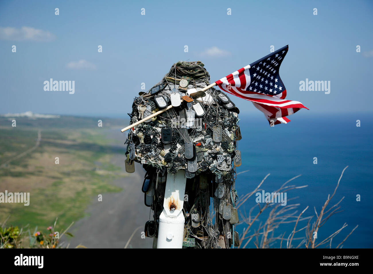 American makeshift memorial on top of Mt Suribachi, Iwo Jima, covered ...