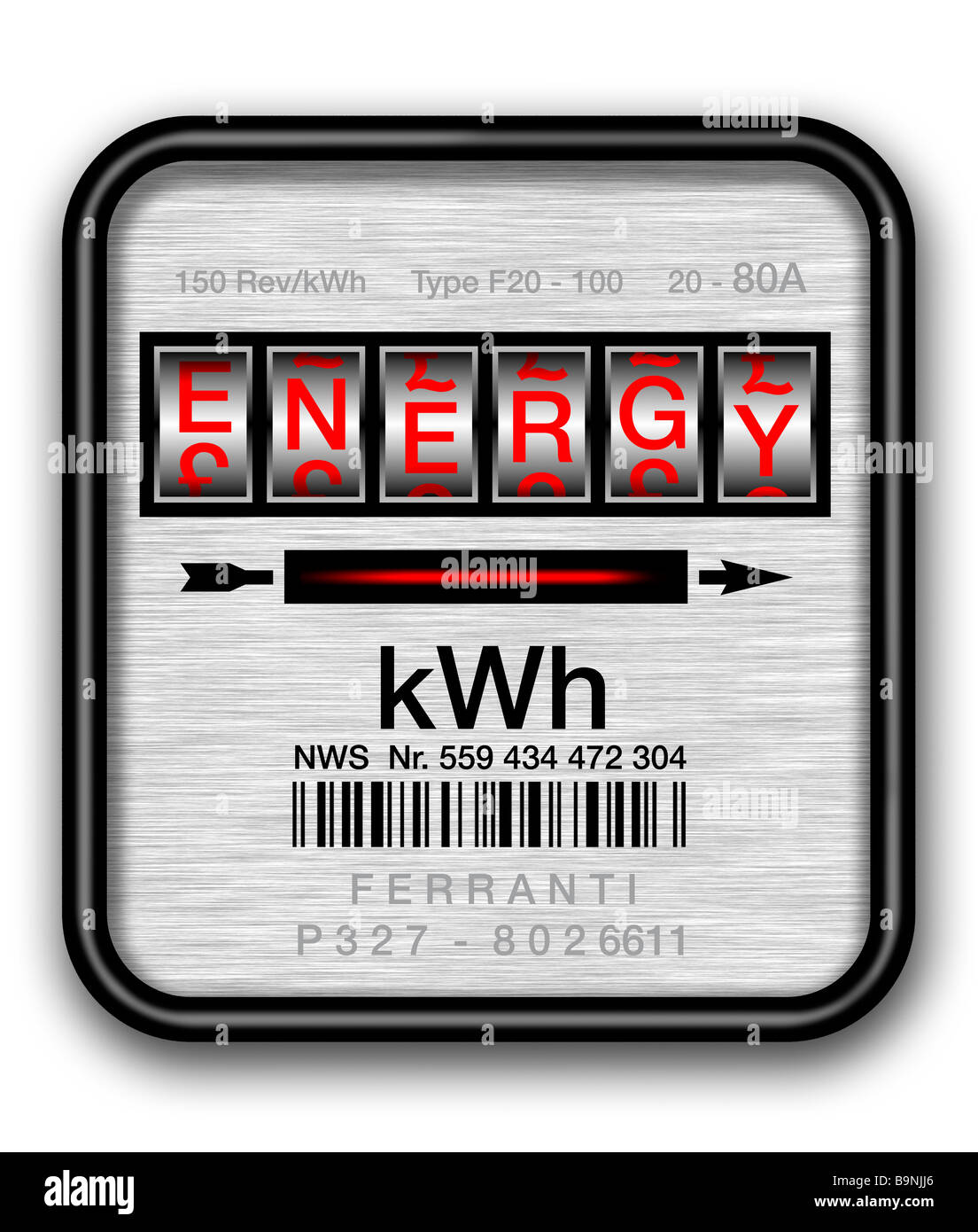 Electricity meter with ‘ENERGY’ replacing figures. On white background ...