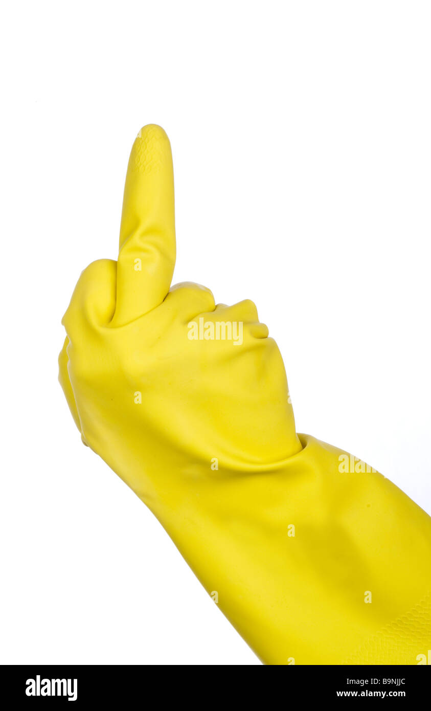 A hand in a yellow rubber glove giving the finger Stock Photo - Alamy