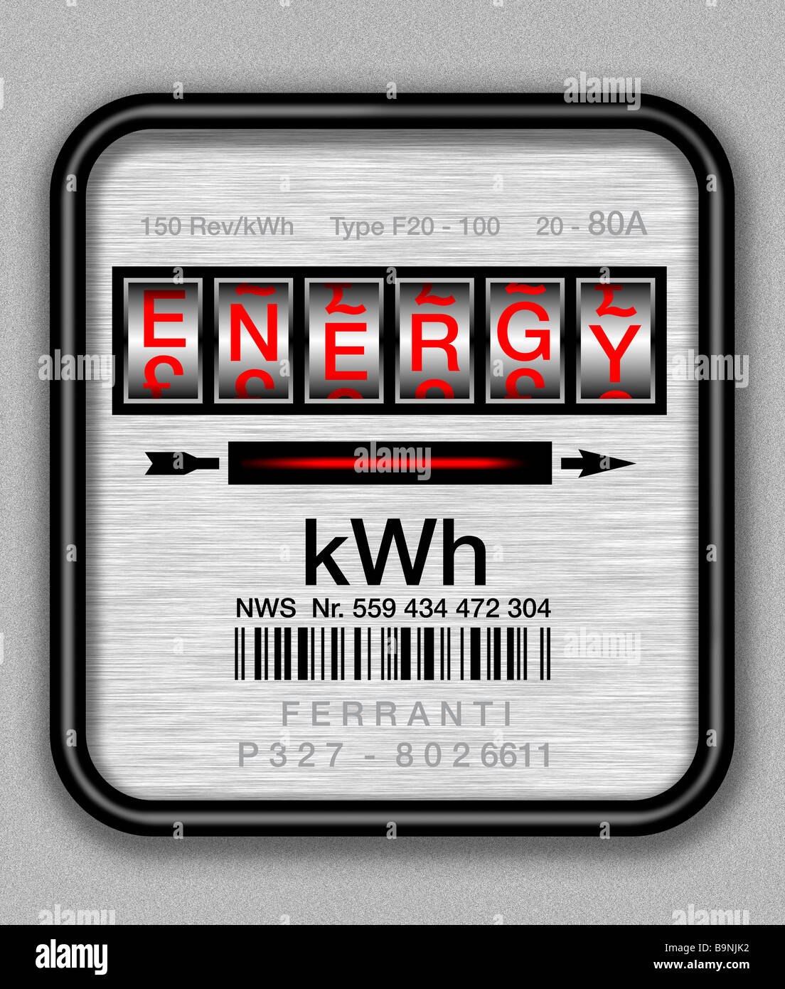 Electricity meter with ‘ENERGY’ replacing figures. On grey background ...
