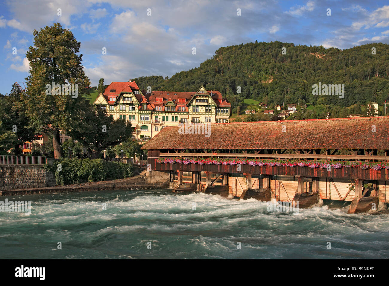 the historical Obere Schleuse crossing river Aare city of Thun ...
