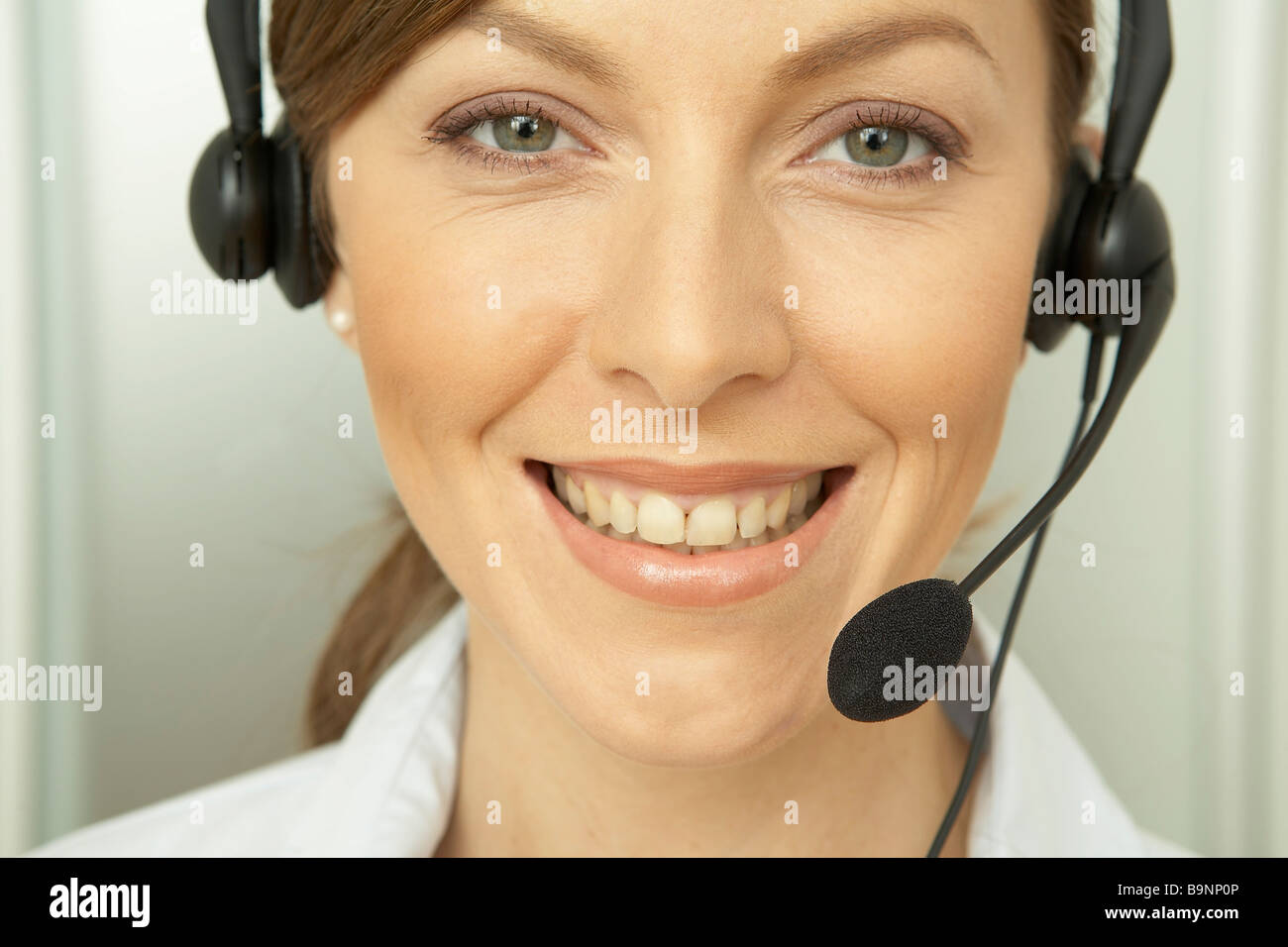 close-up of female call center agent Stock Photo - Alamy