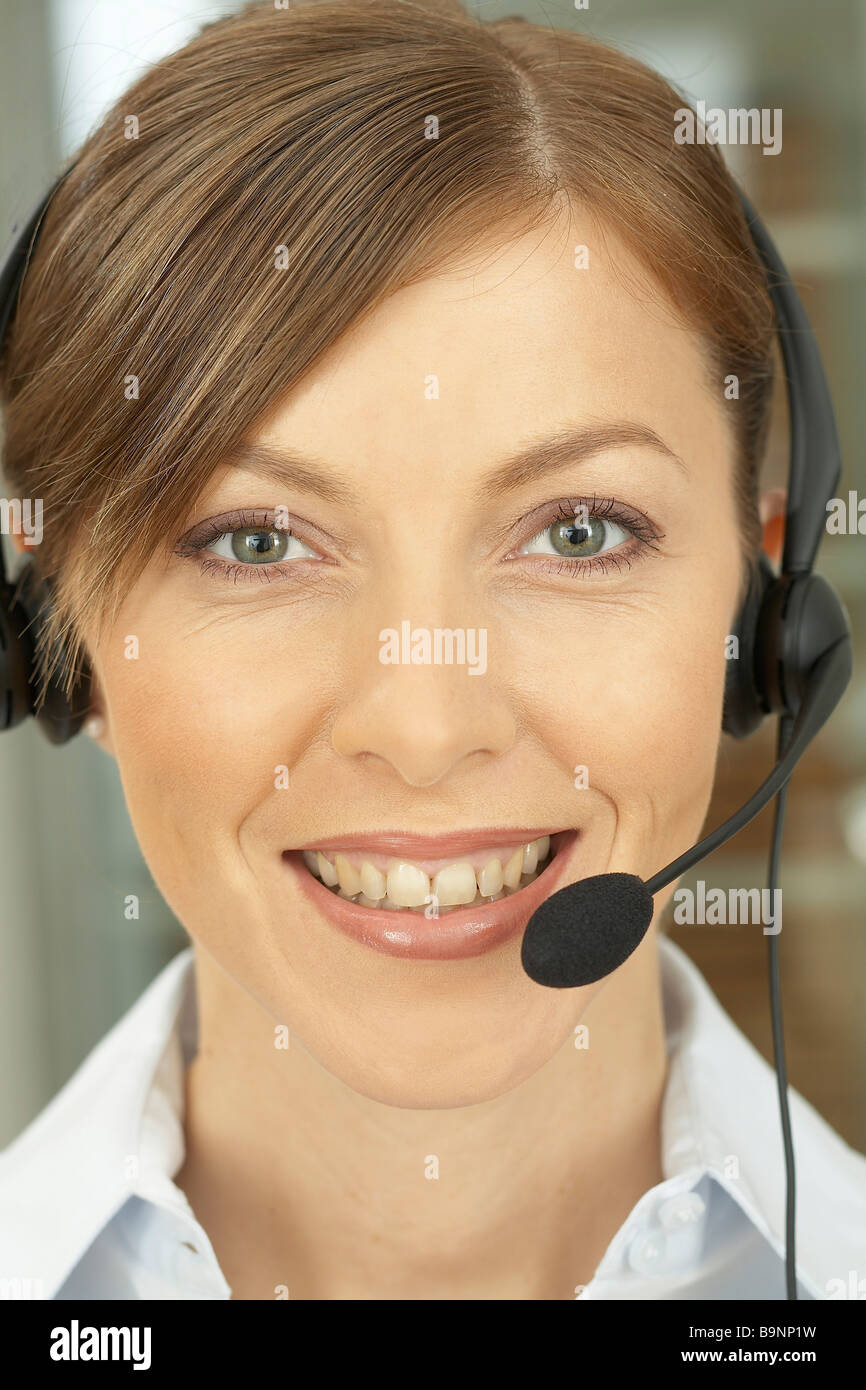 close-up of female call center agent Stock Photo - Alamy