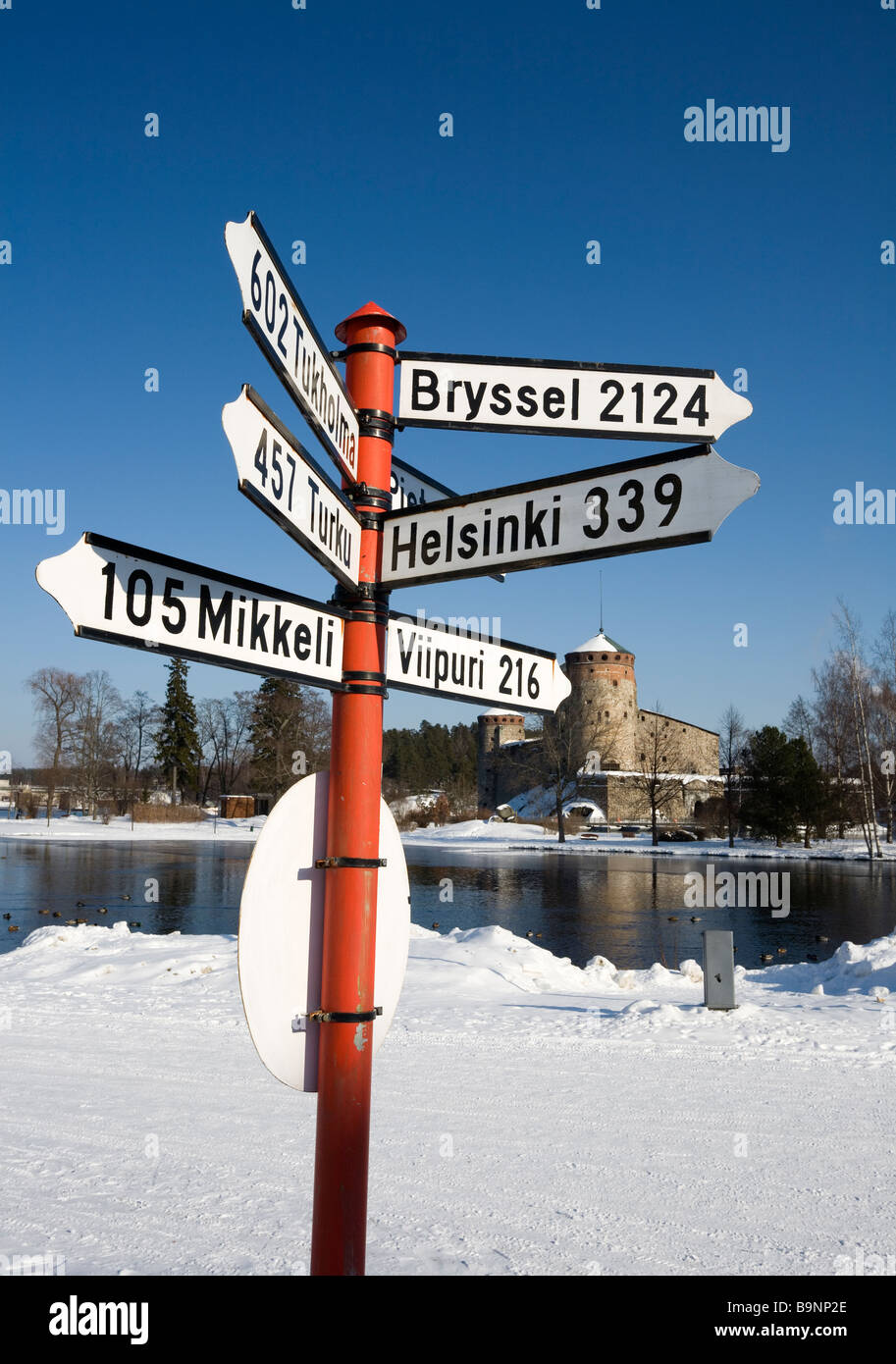 Sign post with distances from Savonlinna Finland Europe Stock Photo - Alamy