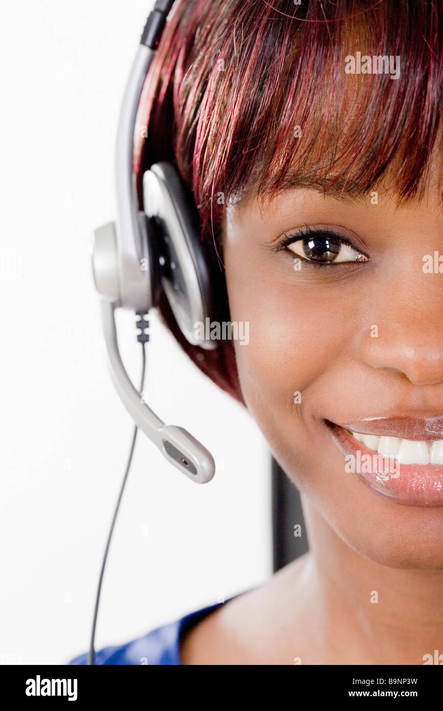 headshot of black call center agent wearing headset Stock Photo - Alamy