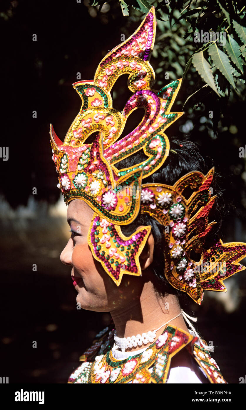 Myanmar (Burma), bejewelled young girl in profile for a Shinbyu ...