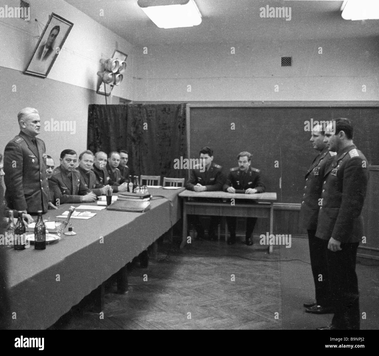 Soviet space pilots Colonel Yuri Gagarin second right and Gherman Titov ...