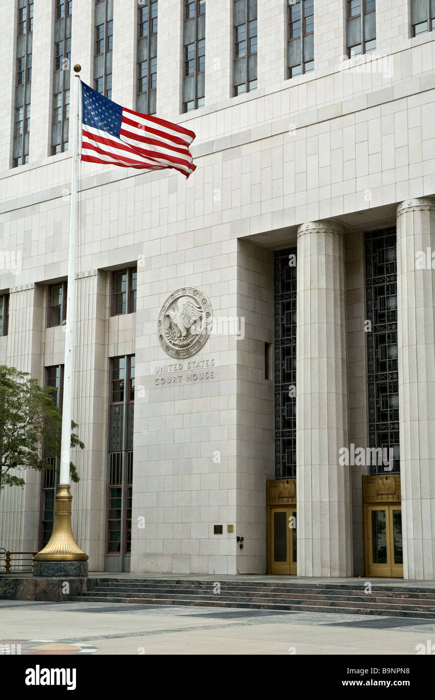 The American flag flanking pillars in front of the U.S. Courthouse, Los ...
