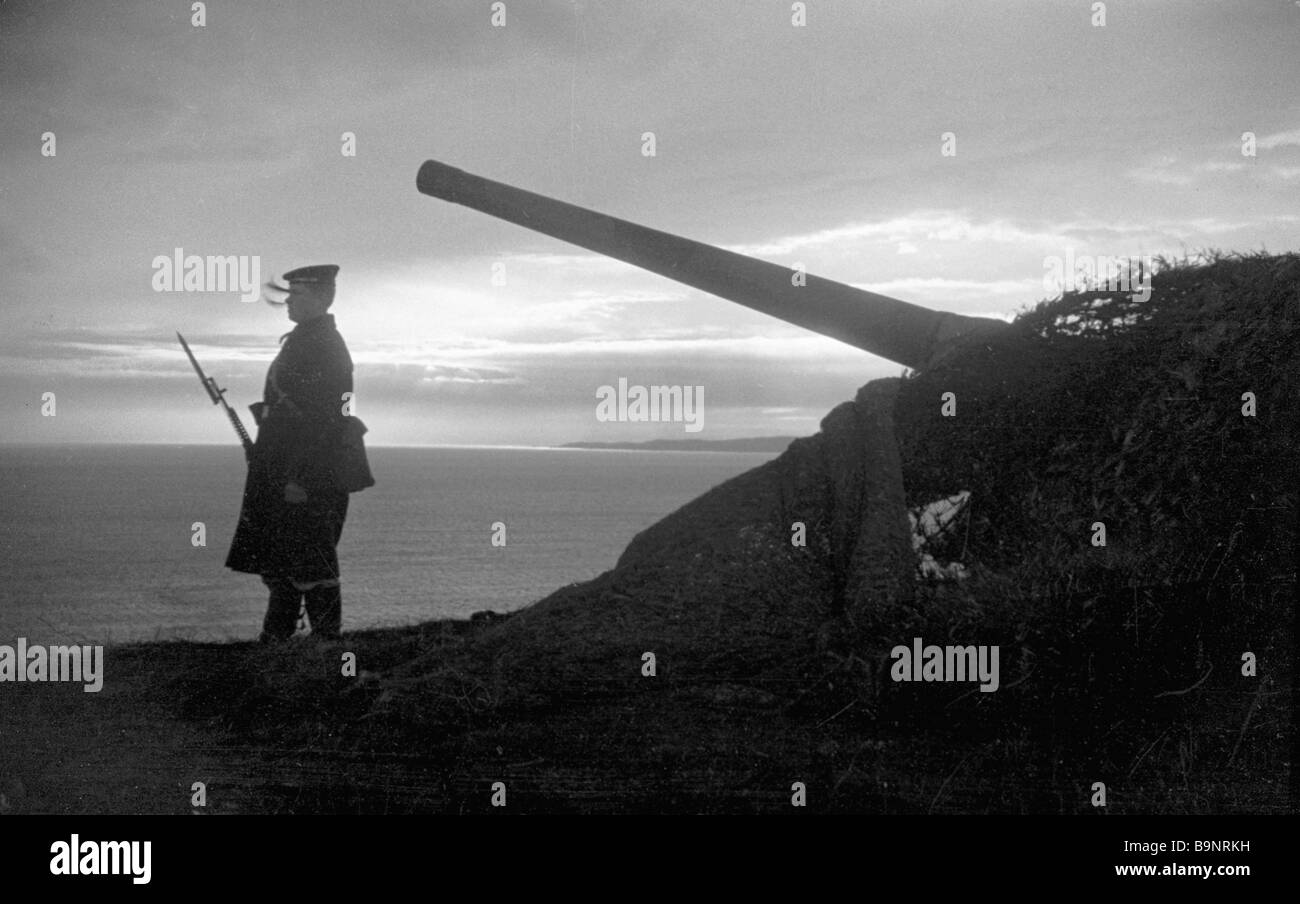 A sailor on duty near a camouflaged gun The Northern Fleet Stock Photo ...