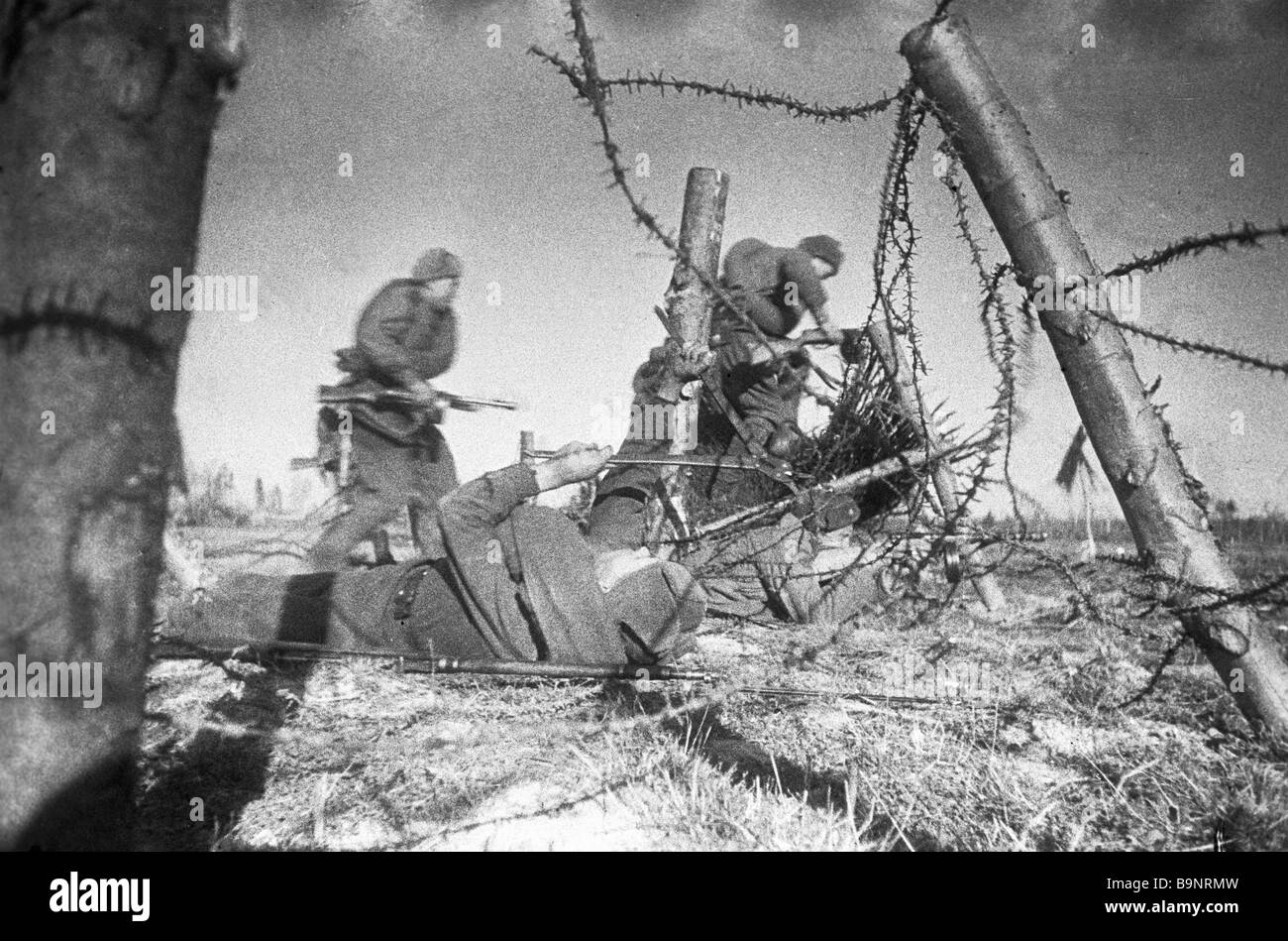 Combat engineers making their way through a barbed wire fence Stock ...
