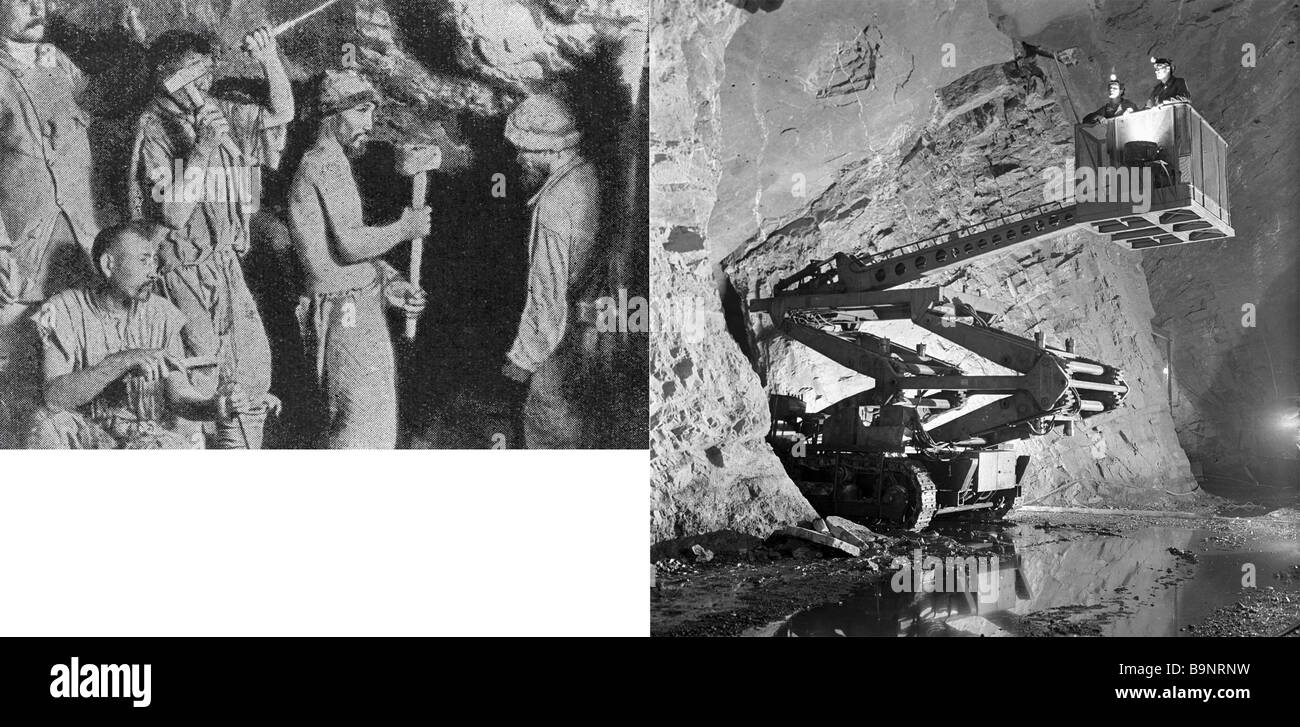 Miners working conditions in 1920 left and 1965 right Stock Photo - Alamy