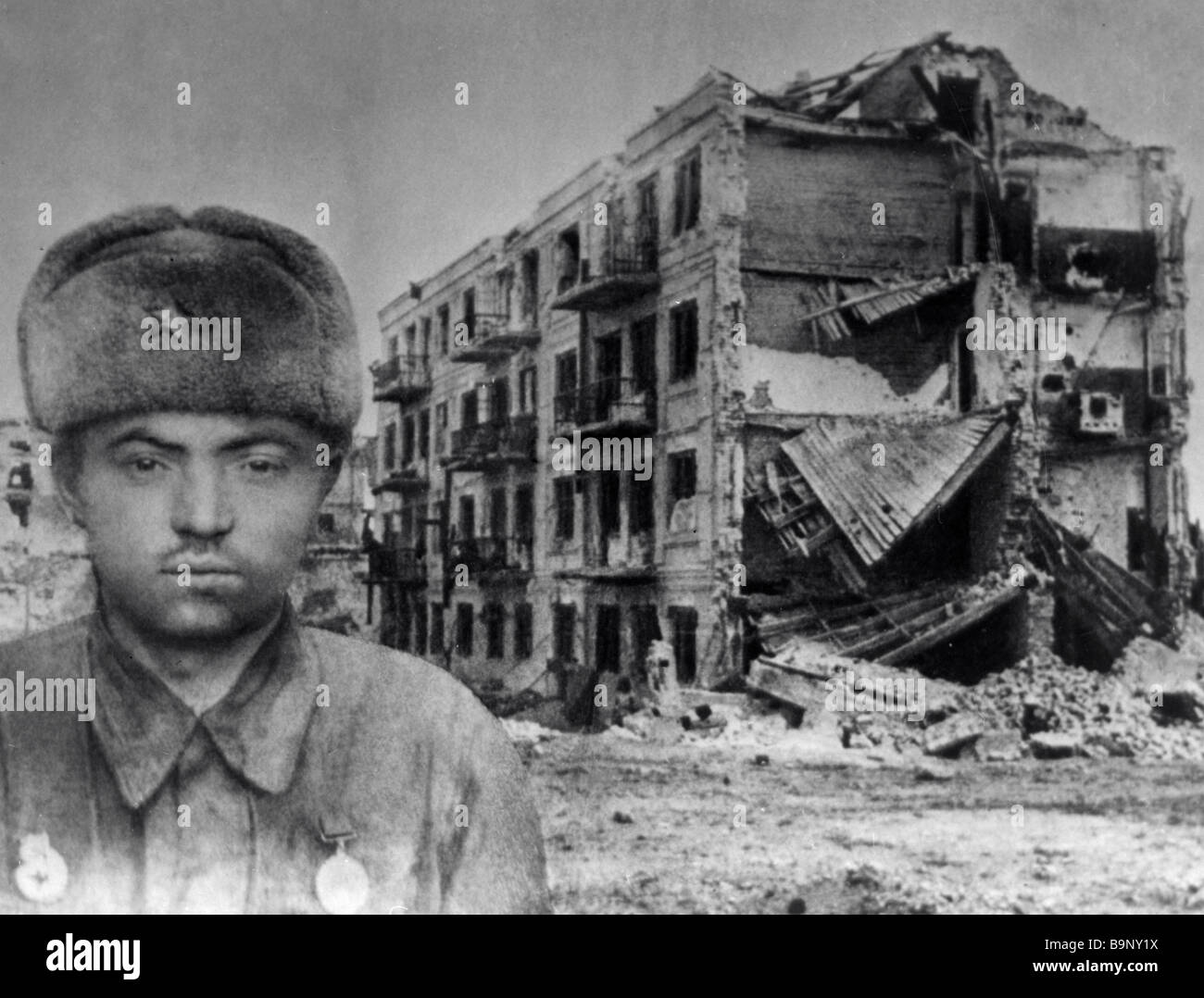 Sergeant Yakov Pavlov Hero of Soviet Union at a ruined house Stock ...