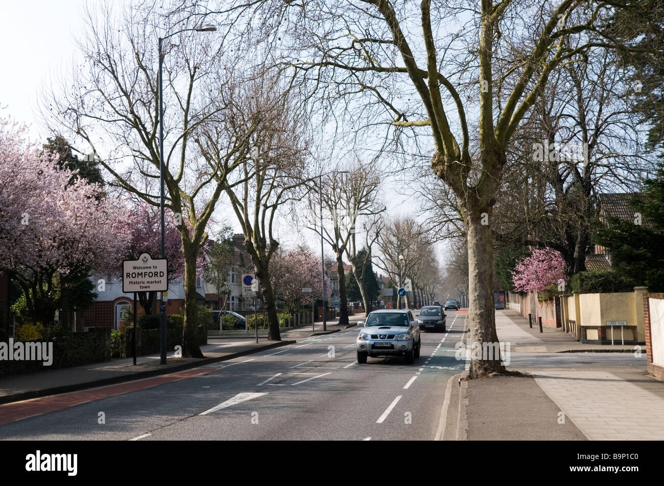 Welcome to Romford, Historic Market town sign, road, residential street ...