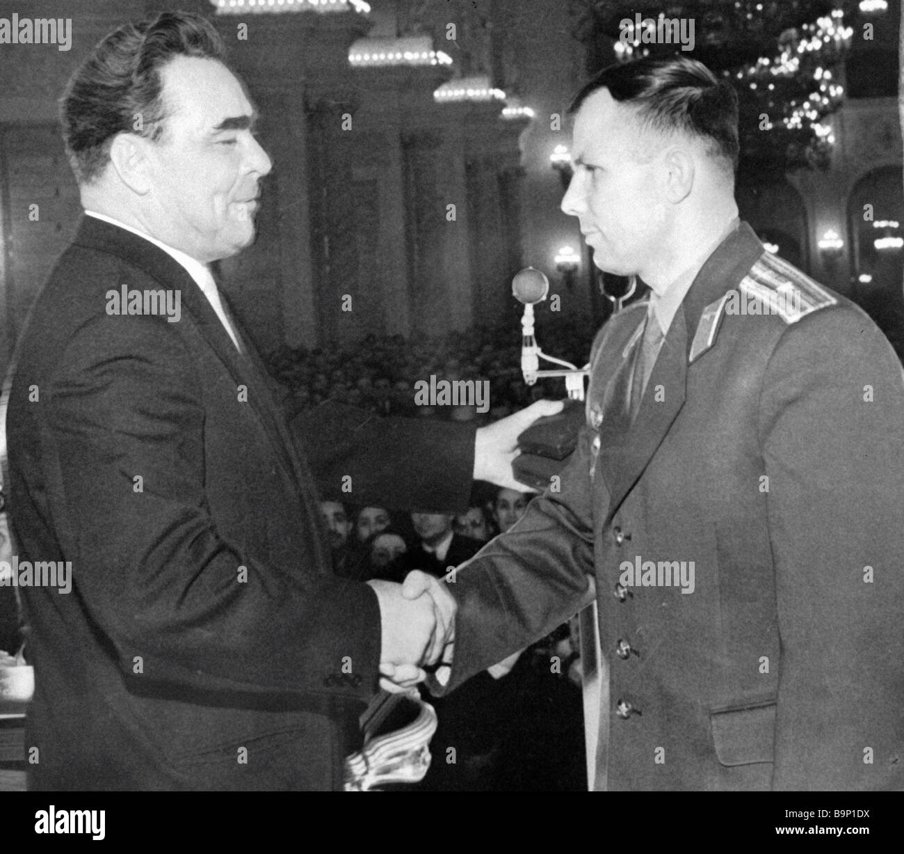 Chairman of the USSR Supreme Soviet Leonid Brezhnev left is awarding ...