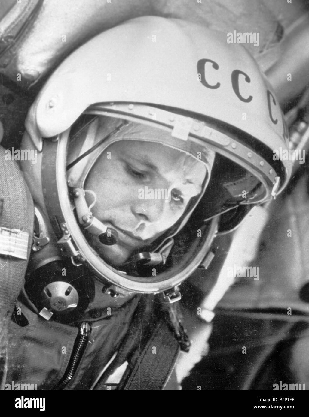 The first cosmonaut Yury Gagarin in the cockpit of the spacecraft ...