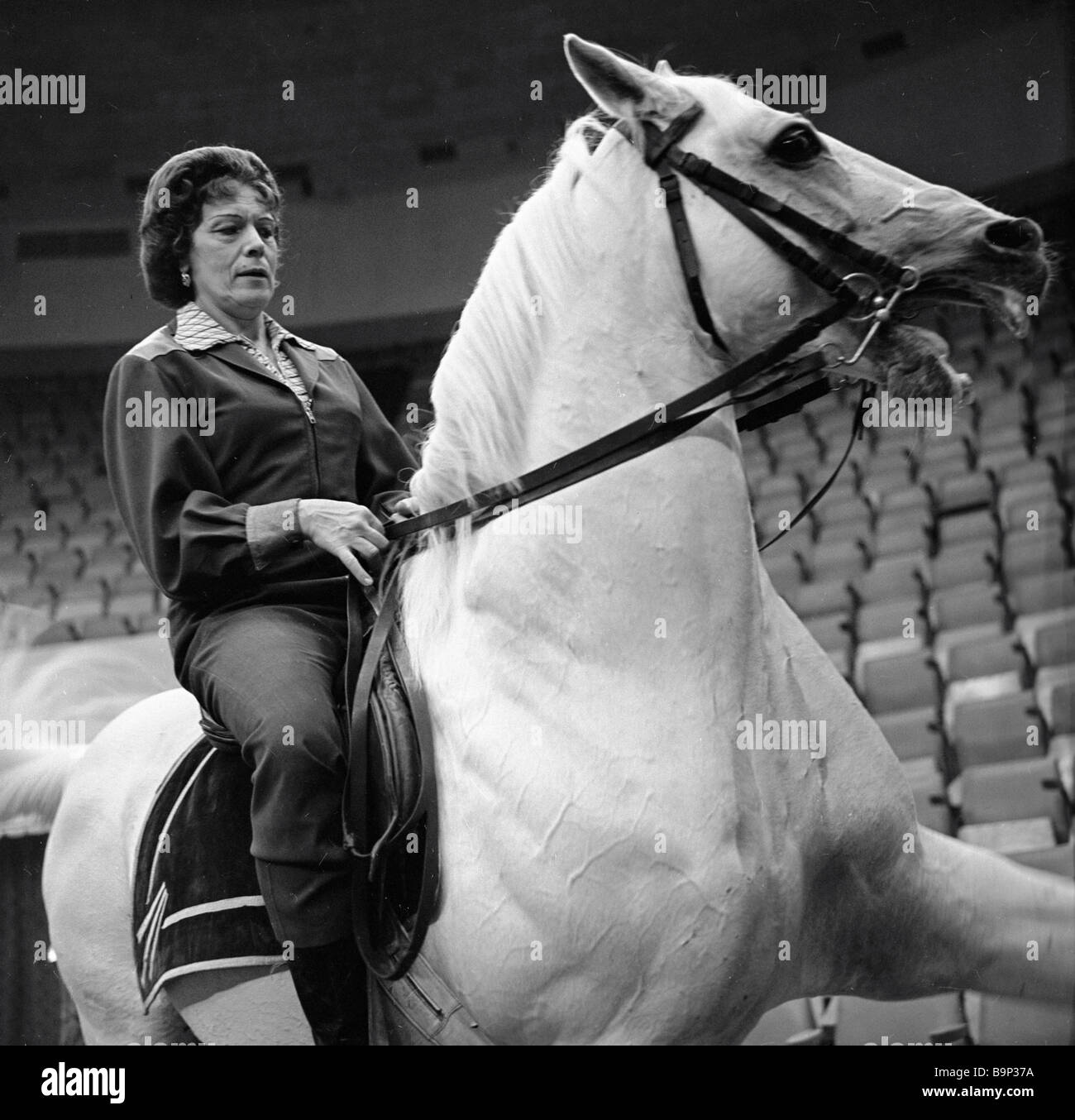Lion trainer Irina Bugrimova on horseback in the circus Stock Photo - Alamy