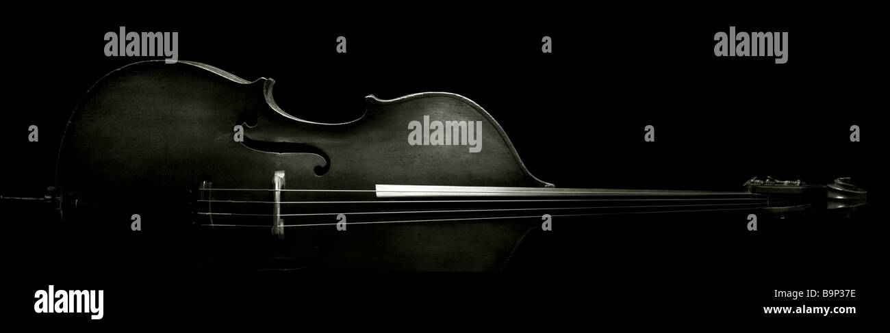 An Acoustic Bass, lying on it's side on a black background Stock Photo ...