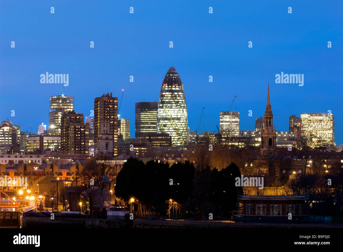 gherkin in city skyline at night dusk london england uk europe Stock ...