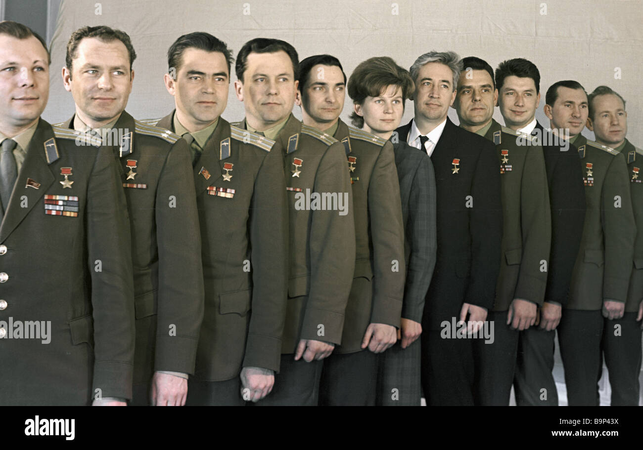 Left to right cosmonauts Yury Gagarin German Titov Andriyan Nikolayev ...