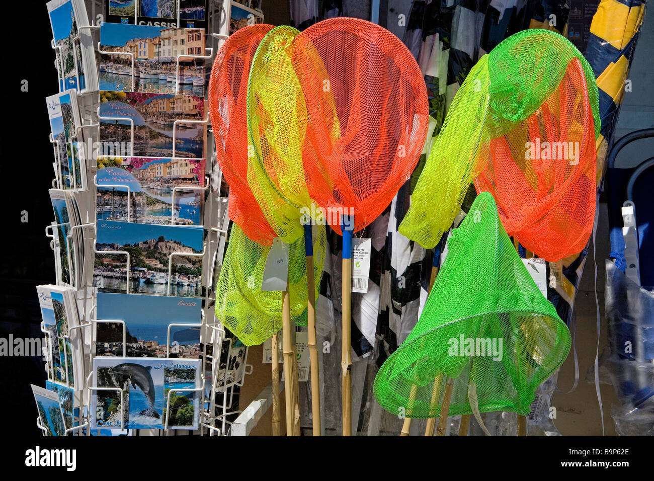 France, Bouches du Rhone, Cassis, postcards and shrimping nets Stock ...