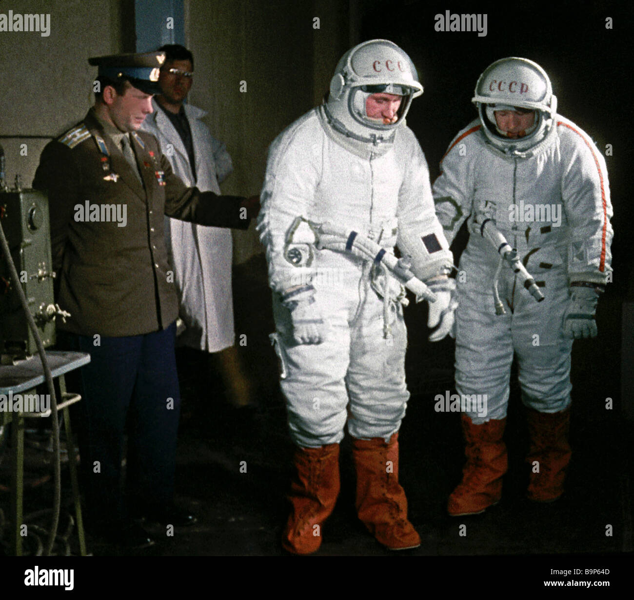 Yury Gagarin left sees off cosmonauts Pavel Belyayev and Alexei Leonov ...