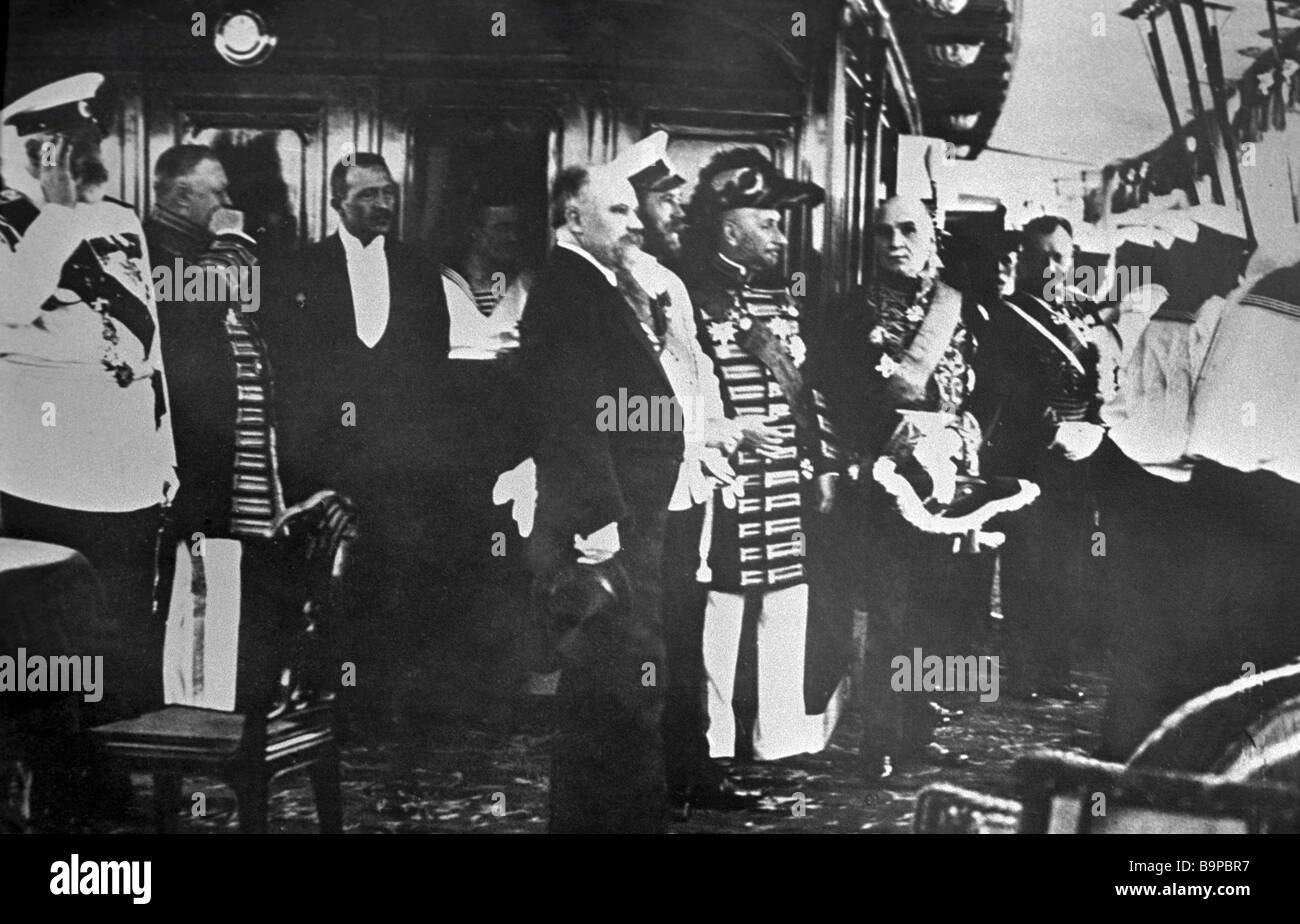 Emperor Nicholas II second left in the foreground and French president ...