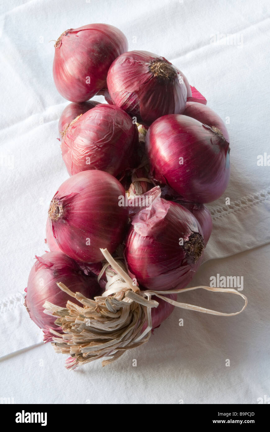 Plaited bunch of red onions Stock Photo - Alamy