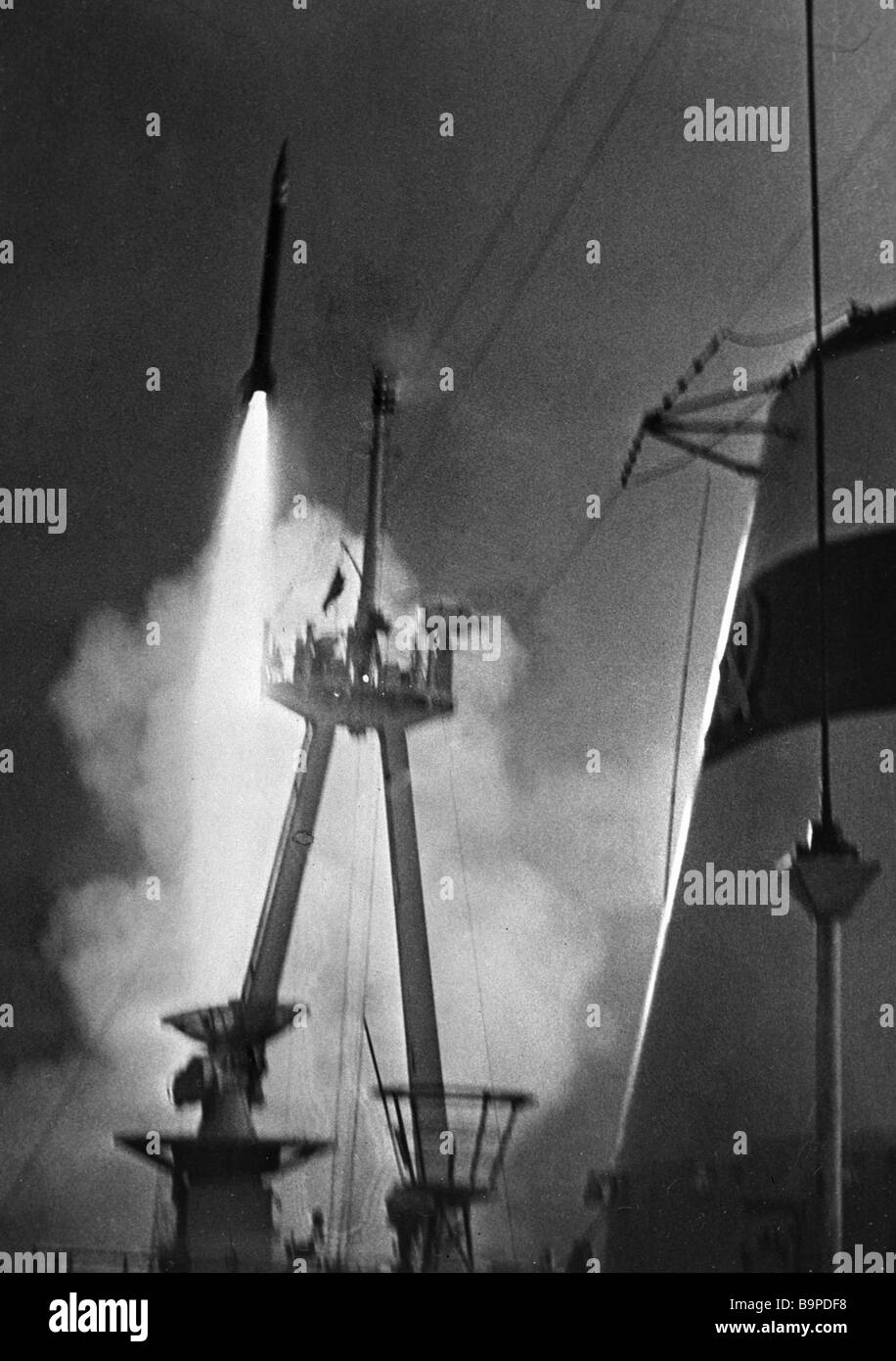 Launching meteorological rocket from ship professor Vize Stock Photo ...