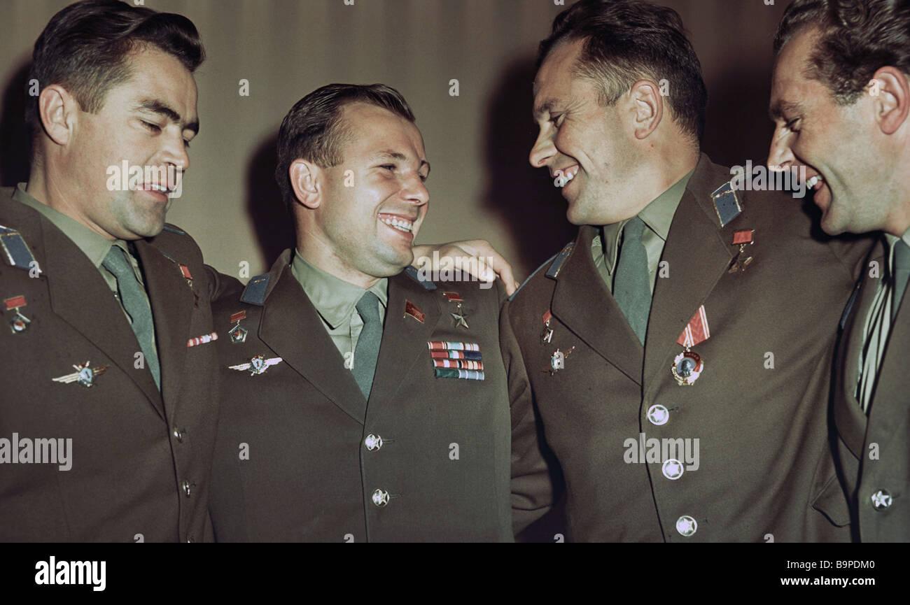 Pilots cosmonauts Andrian Nikolayev left Yury Gagarin second from left ...