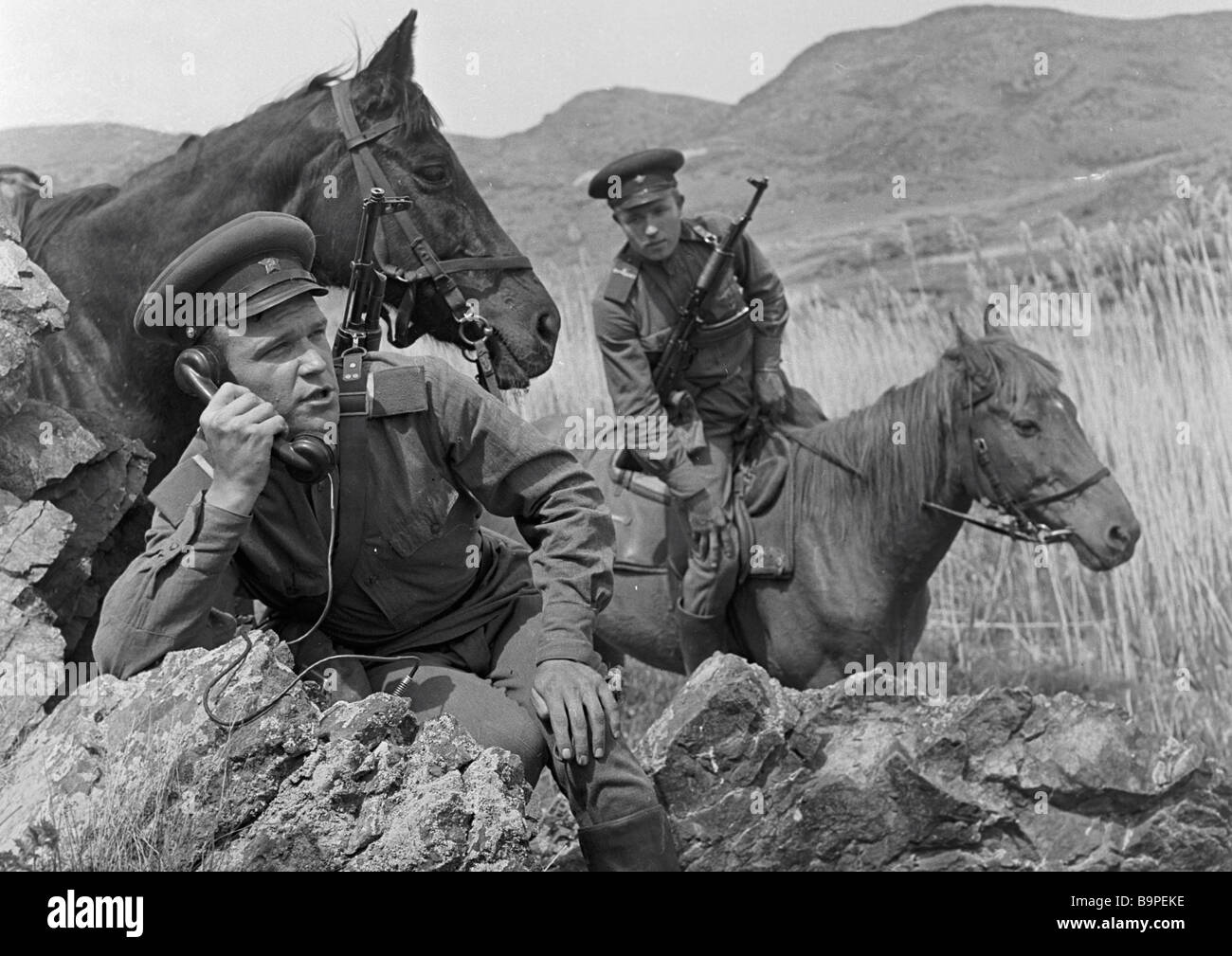 A frontier guard reports to the station that everything is ok Stock ...