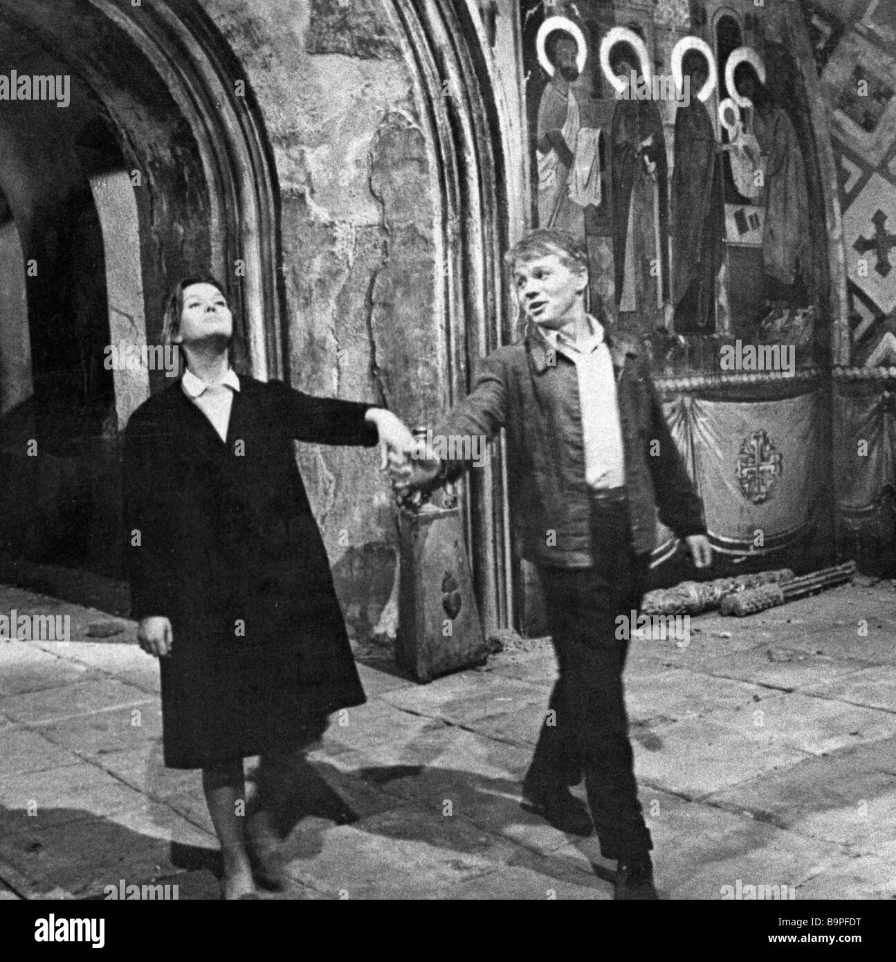 Actors Zhanna Prokhorenko left and Igor Pushkaryov right at shooting ...