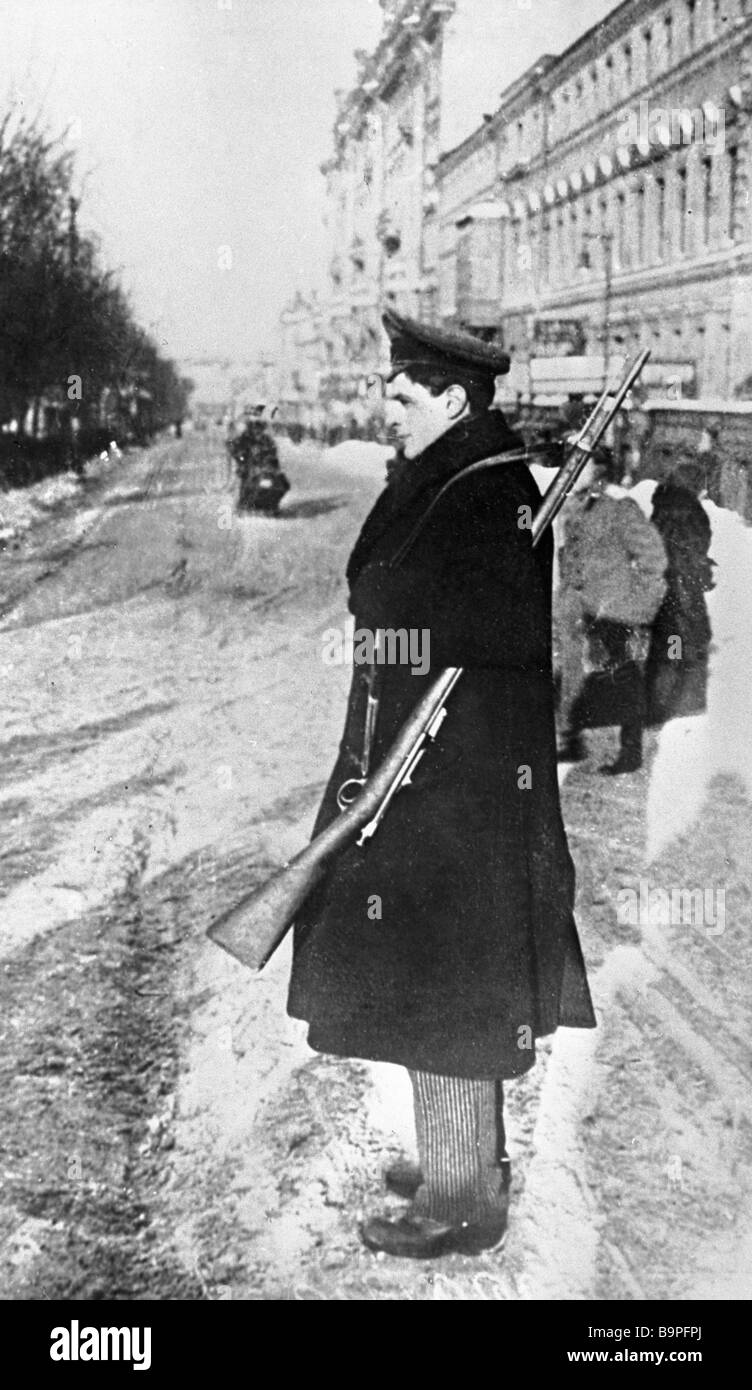 An armed student acting as a policeman during the February bourgeois ...