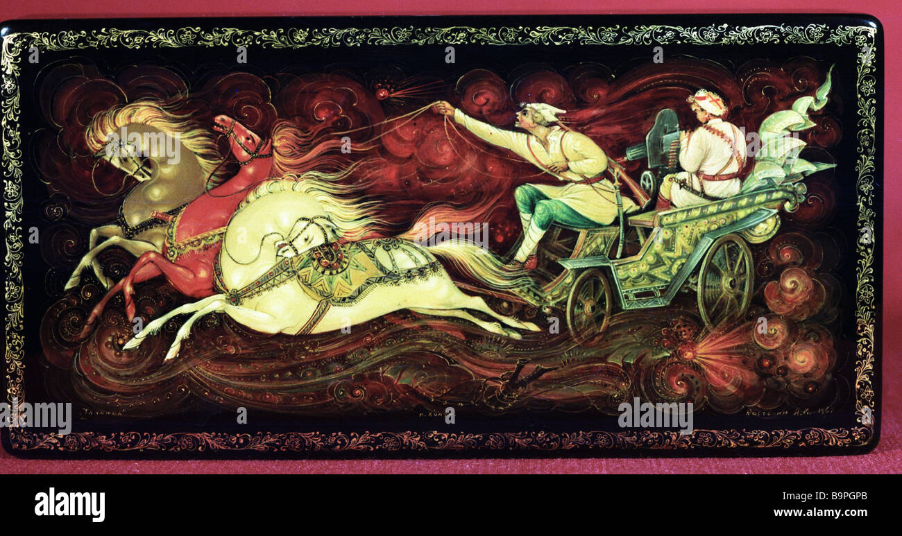 Machine Gun Cart a painted lacquer box of Palekh Artist Bokarev 1967 ...