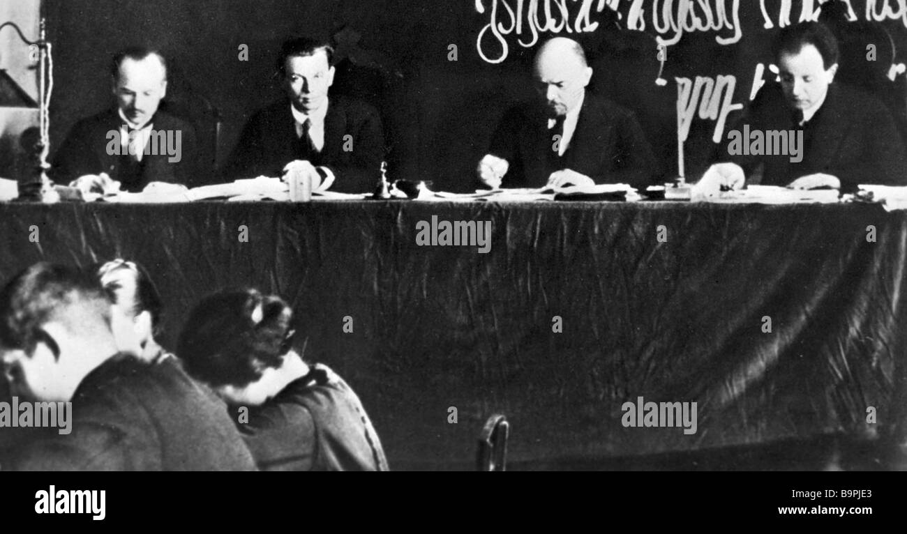 Vladimir Lenin second from right in the presidium of the 1st Comintern ...