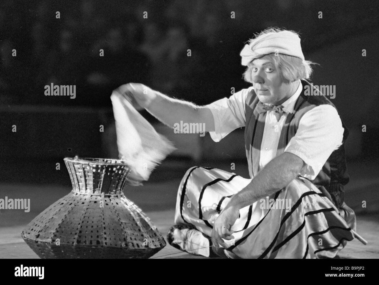Clown Oleg Popov with his Snake charmer show on the Moscow circus arena ...