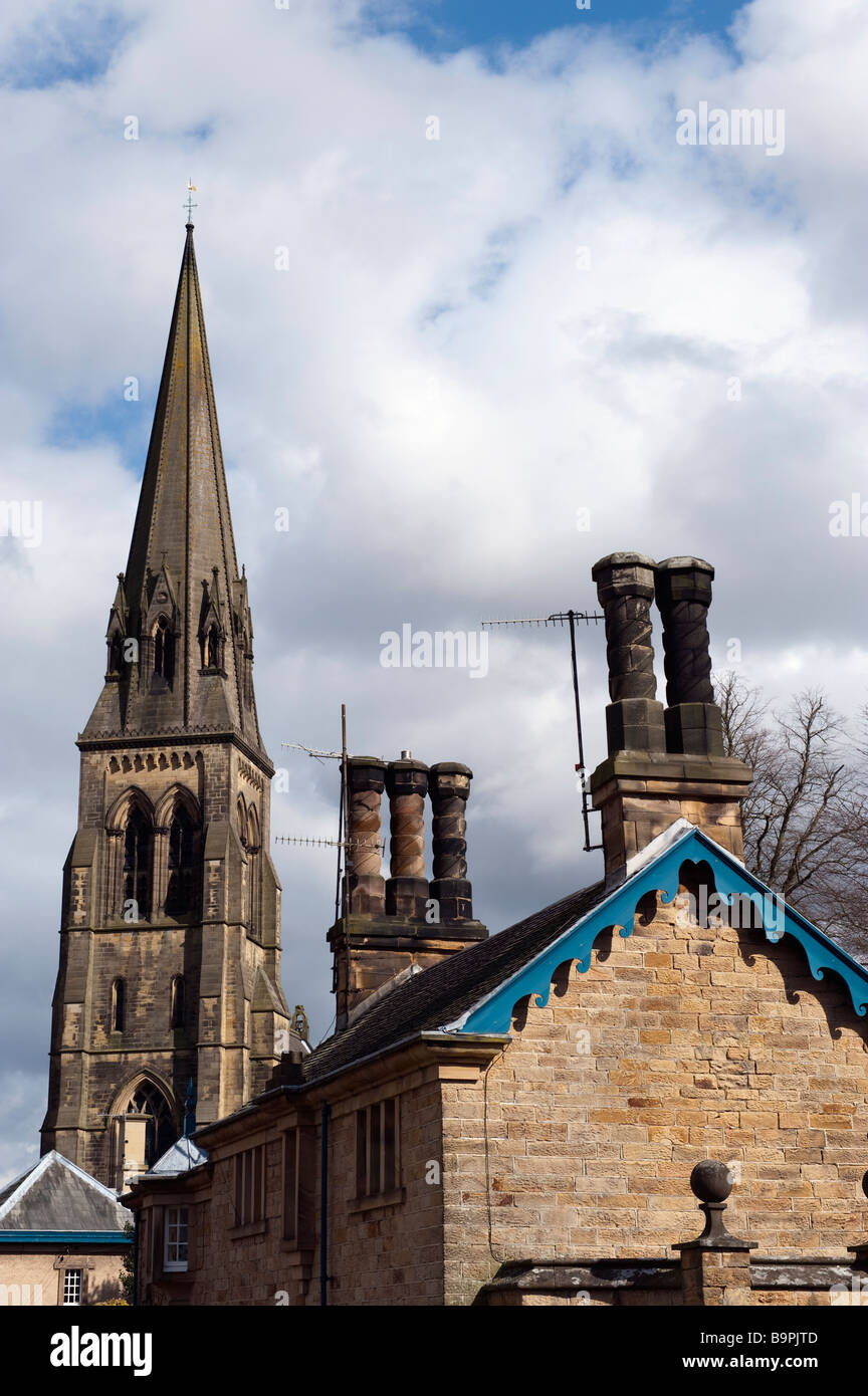 "St Peter's" church and ornate long chimney pots Edensor,Derbyshire ...