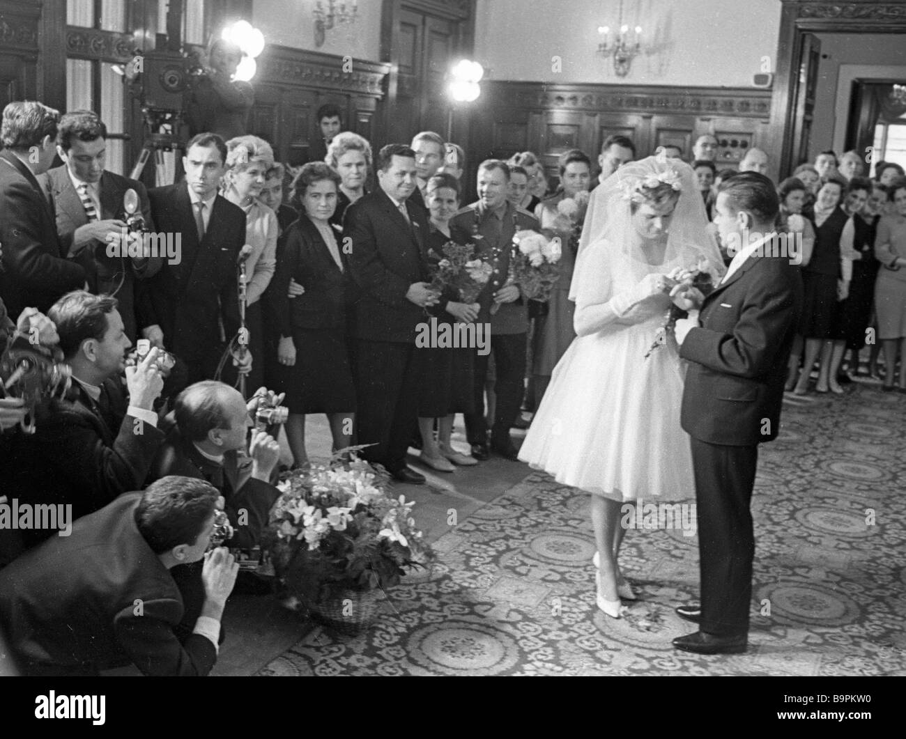 Valentina Tereshkova left and Andriyan Nikolayev right exchange wedding ...