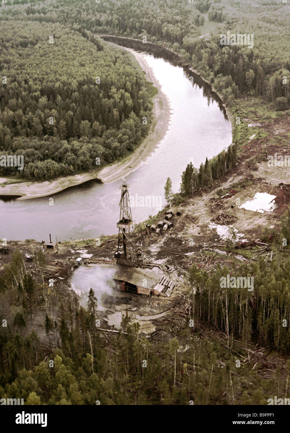 Timber logging near a taiga river Stock Photo - Alamy